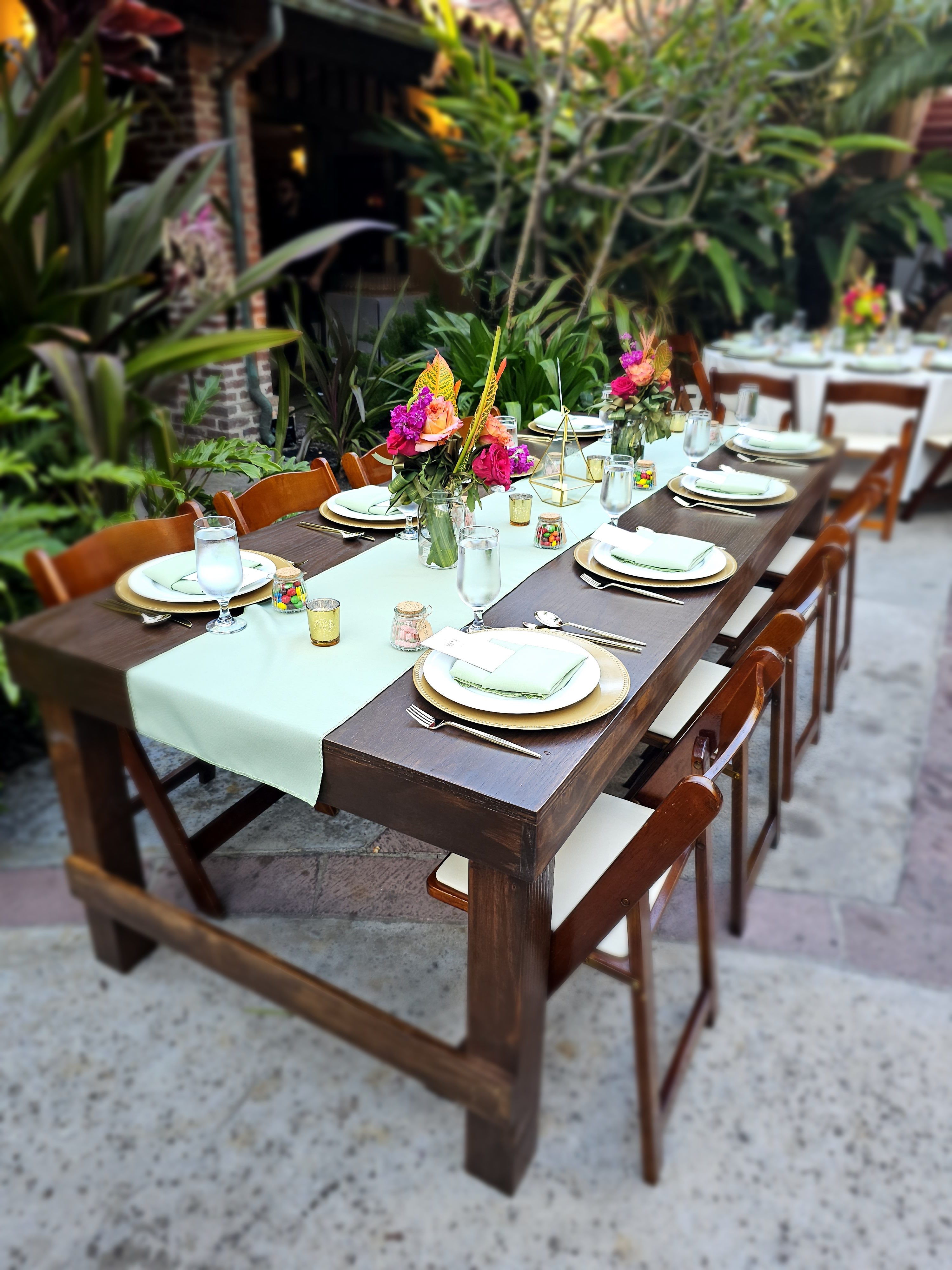 Rustic Dark Oak Farm Table 8′ x 40″ – Cosmos Event Rentals